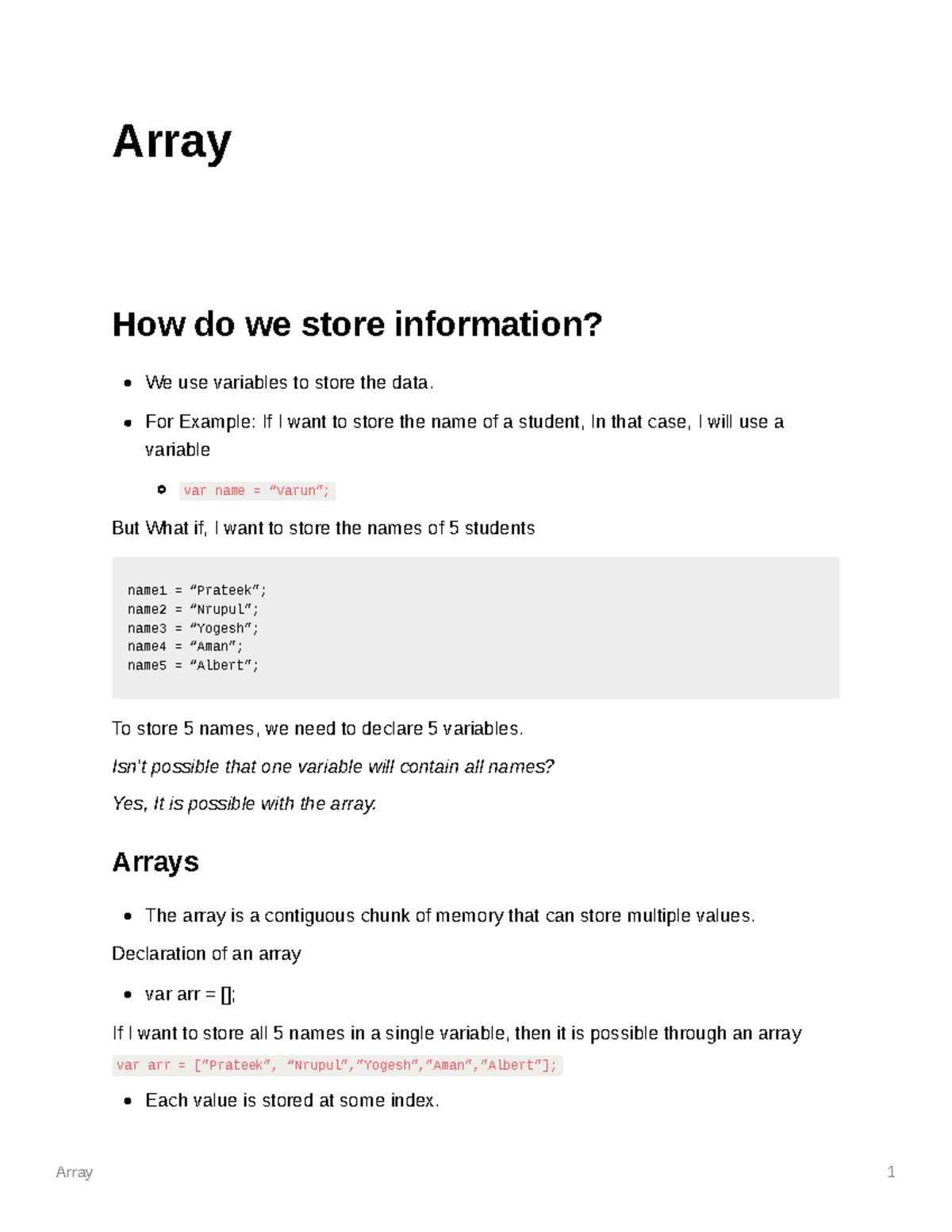 Js Ix Array Notes 359967 Array How Do We Store Information We Use Variables To Store The Data 
