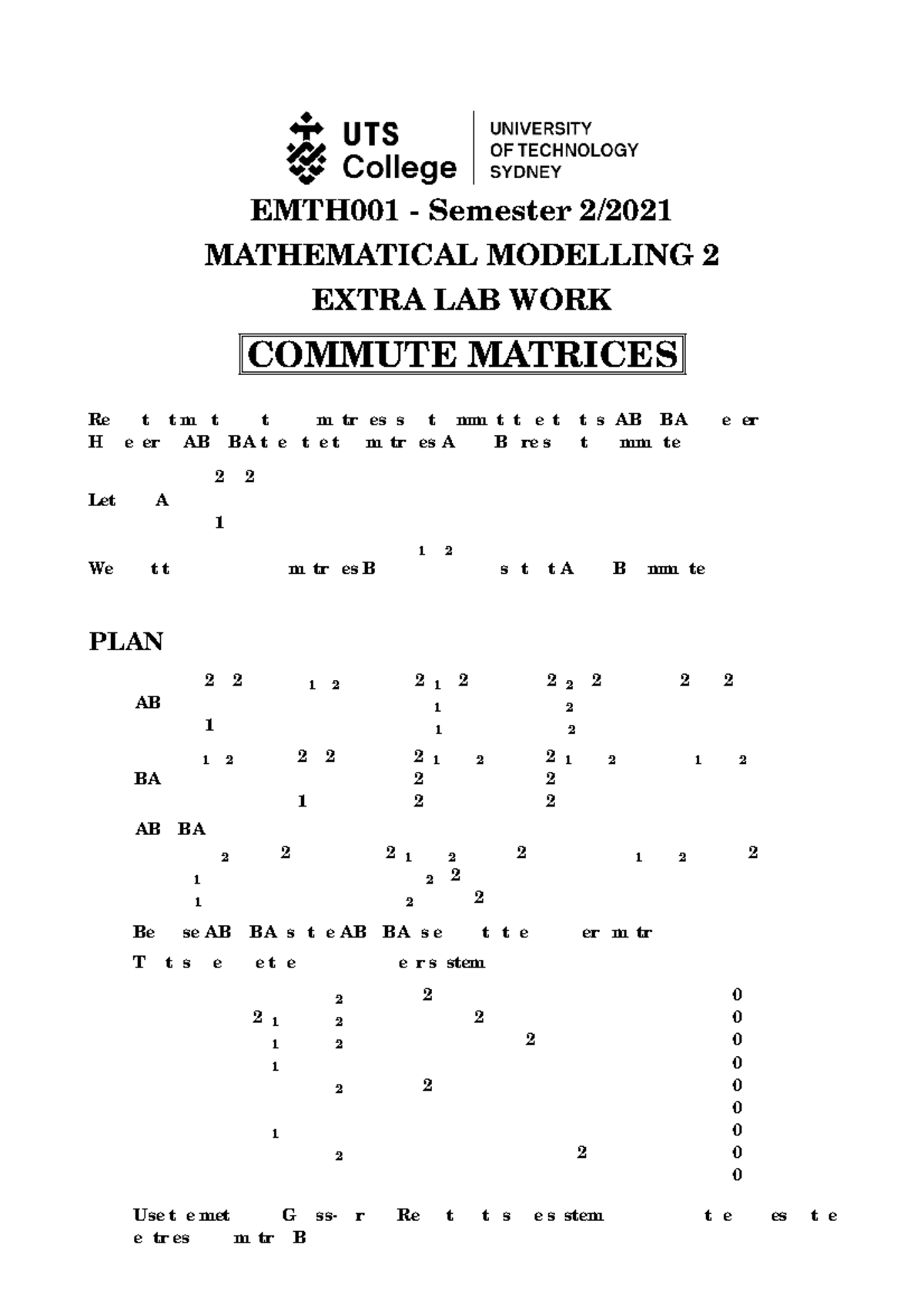 Commute Matrices - EMTH001 - Semester 2/ MATHEMATICAL MODELLING 2 EXTRA ...