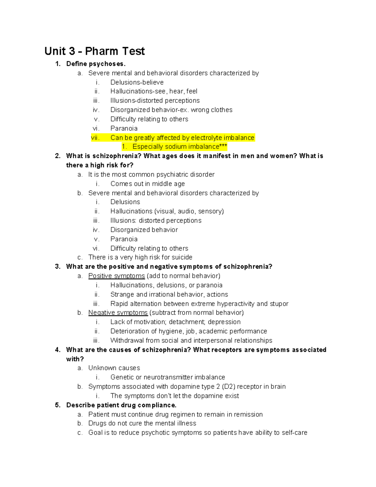 Unit 3&4 - Pharm Test - Unit 3 - Pharm Test Define psychoses. a. Severe ...