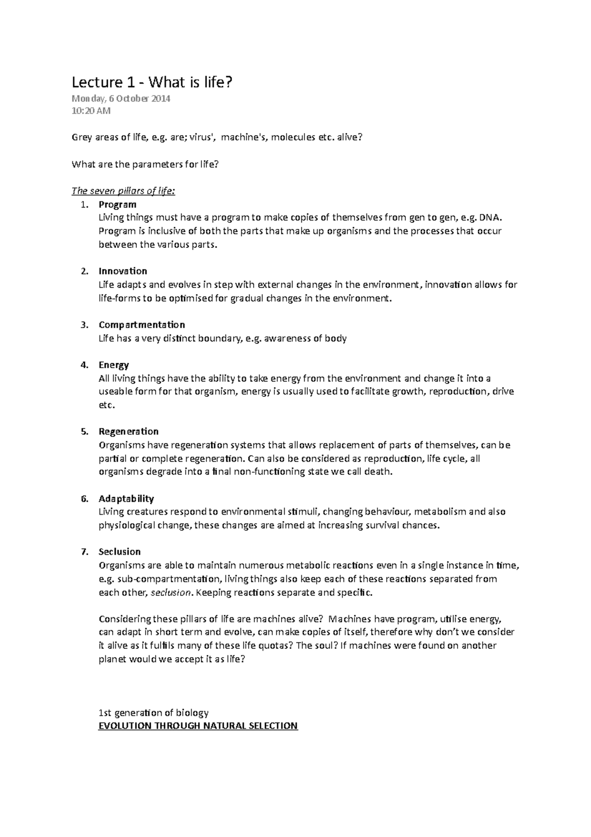 Life, Earth,Universe - Lecture notes 1-35 - Lecture 1 - What is life ...