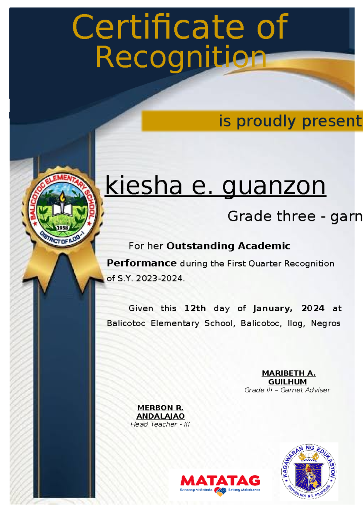 Cert recognition sy 23 24 - Bachelor of Secondary Education ...