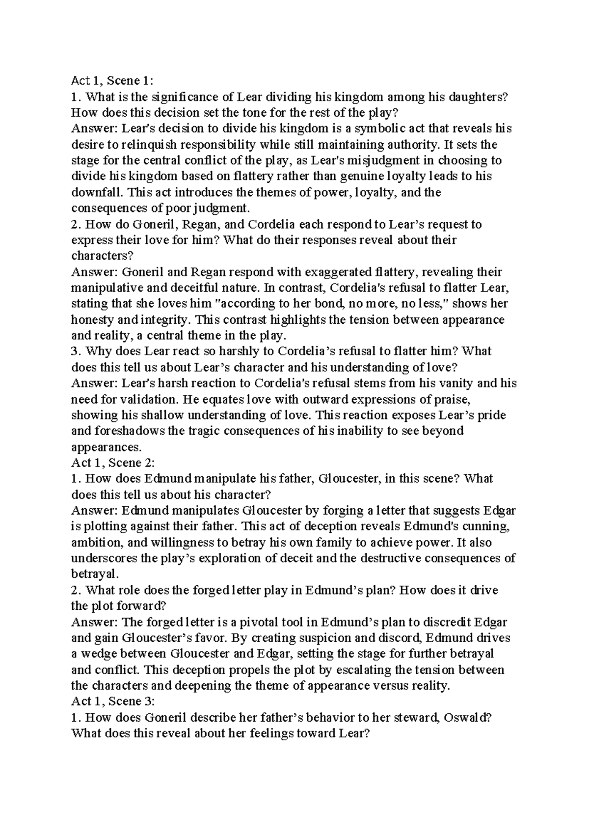 King lear - king lear question answers - Act 1, Scene 1: 1. What is the ...