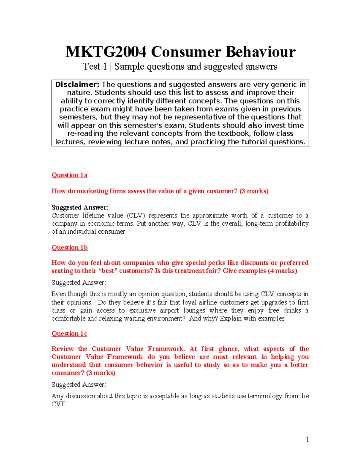 MKTG2004 Consumer Behaviour Sample test 1 questions - MKTG2004 Consumer ...