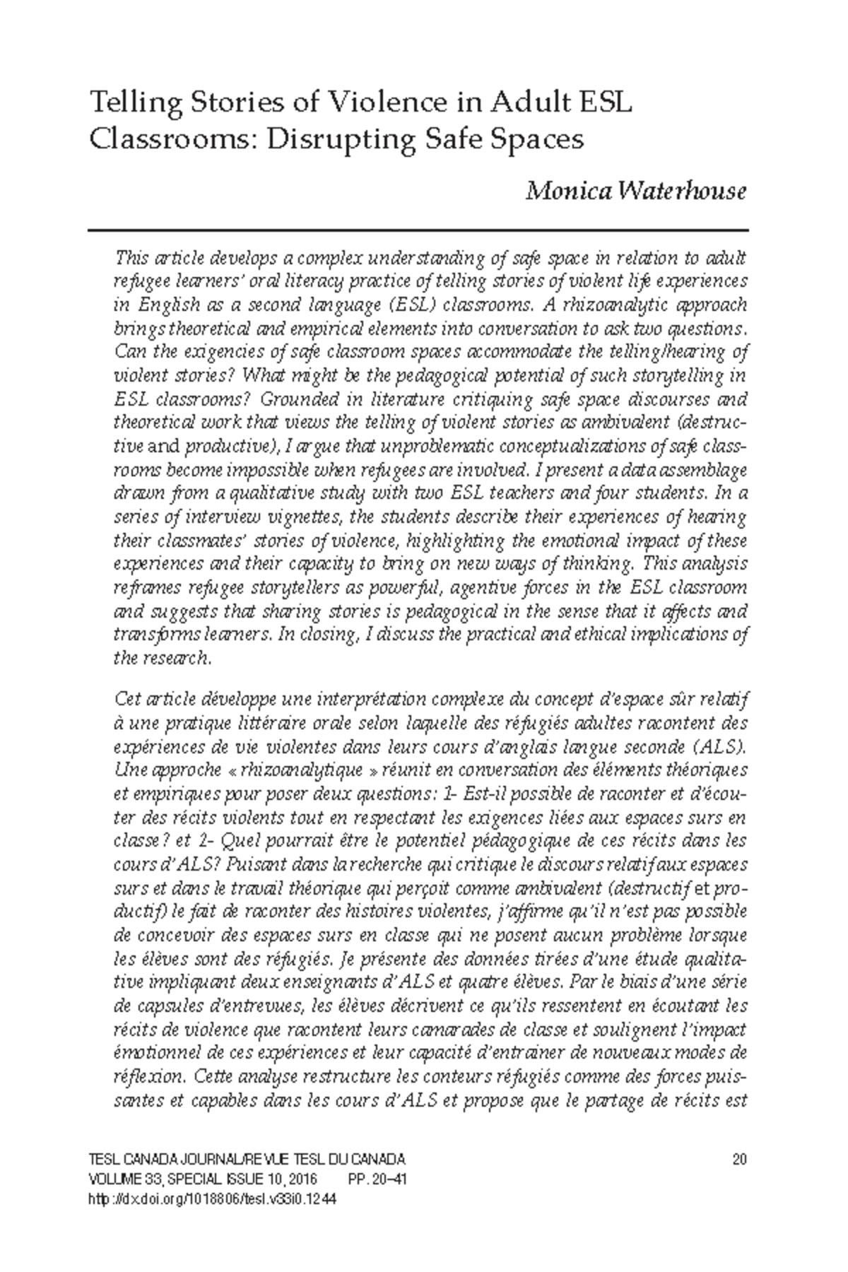 Telling Stories of Violence in Adult ESL Classrooms: Disrupting Safe ...