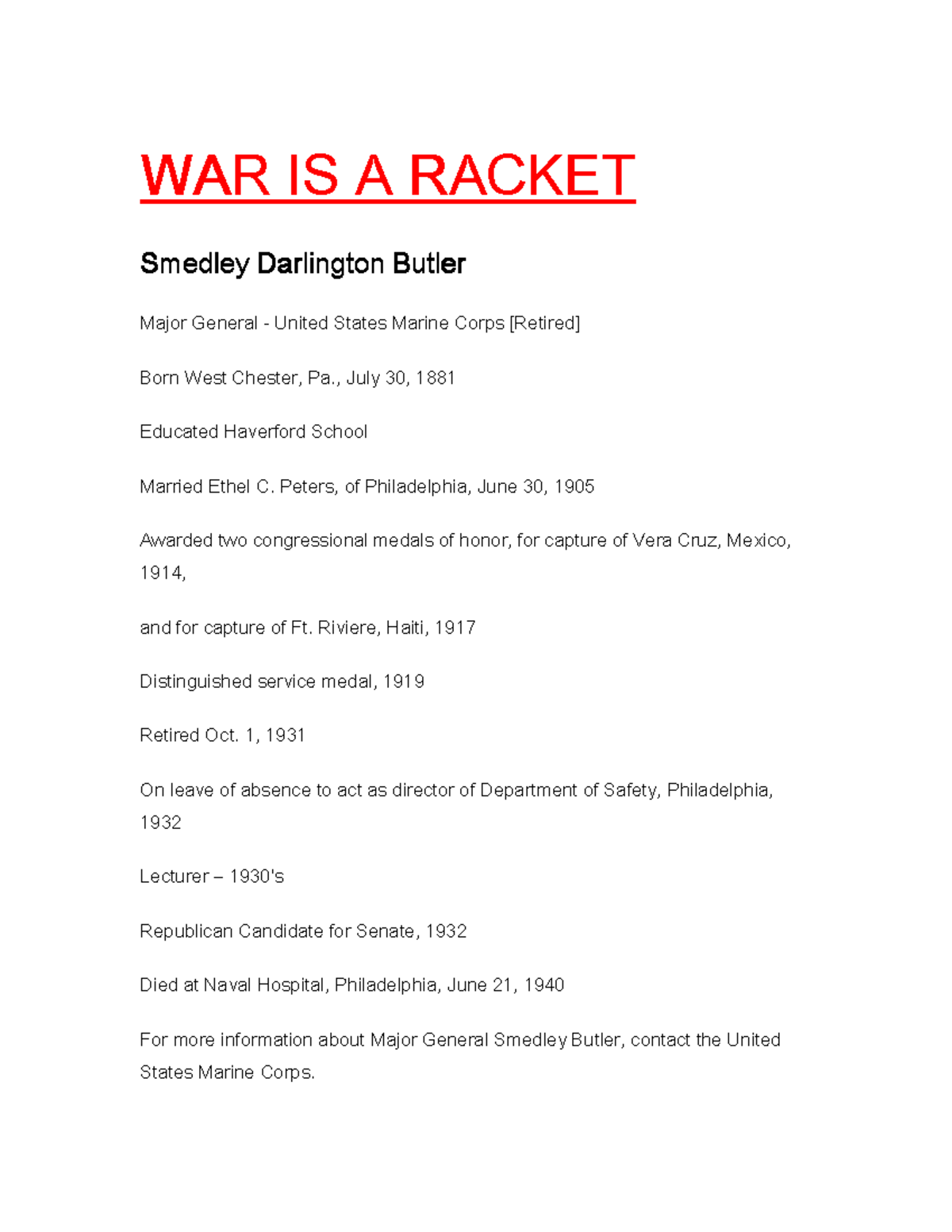 War is a Racket by Smedley Darlington Butler - WAR IS A RACKETWAR IS A ...