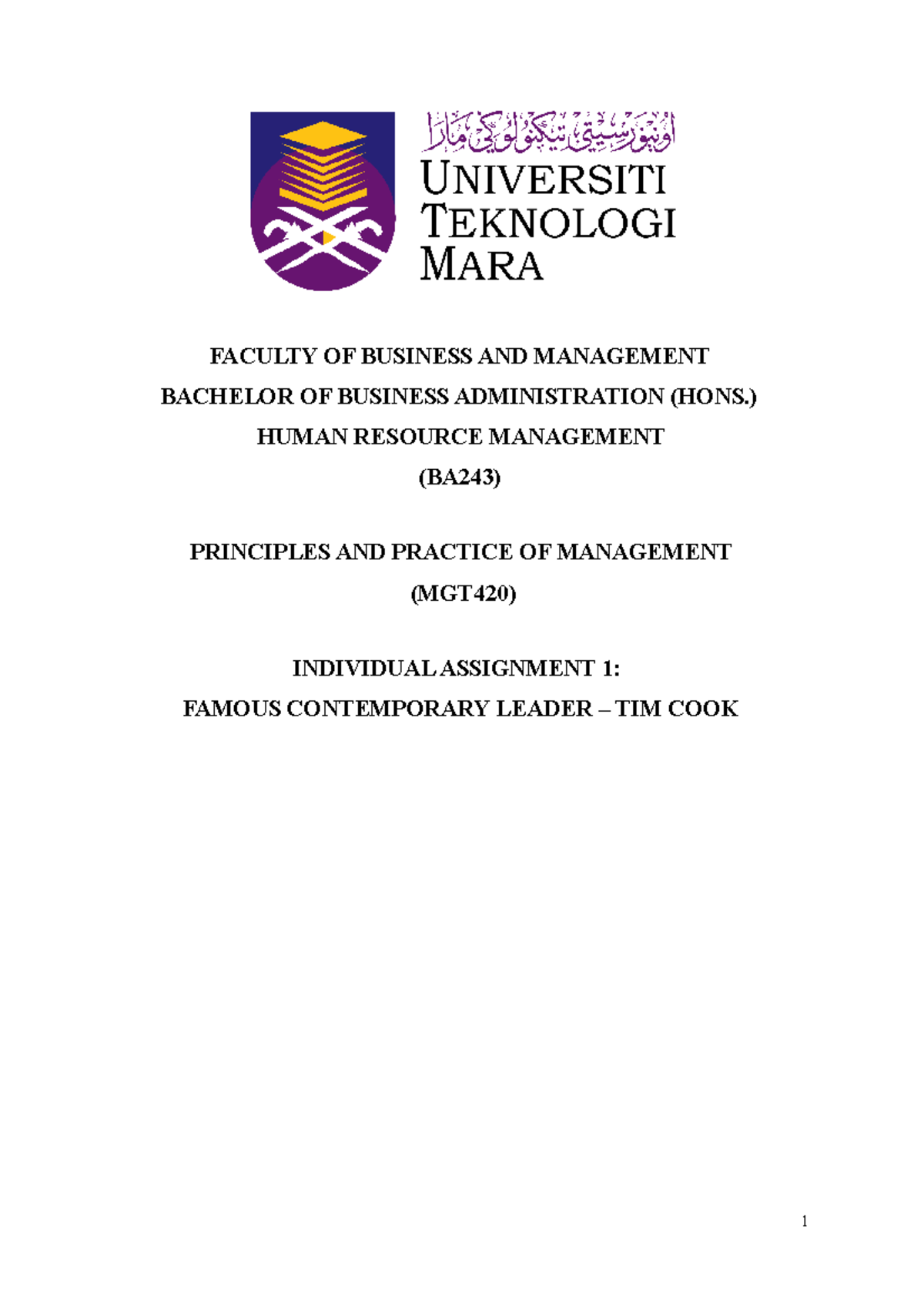 MGT420 BA243 Assignment 1 - FACULTY OF BUSINESS AND MANAGEMENT BACHELOR ...