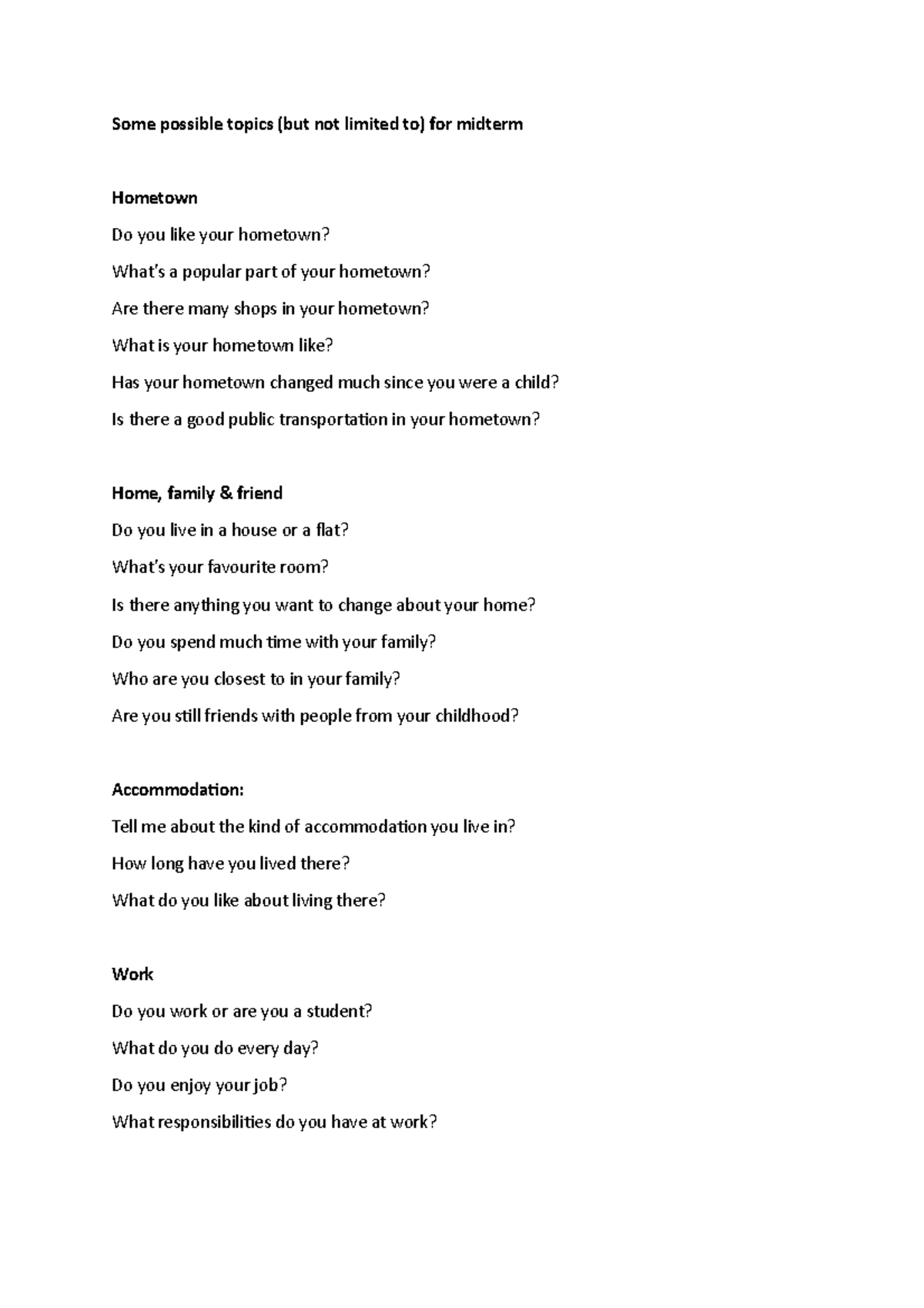 Speaking midterm topics - Some possible topics (but not limited to) for ...