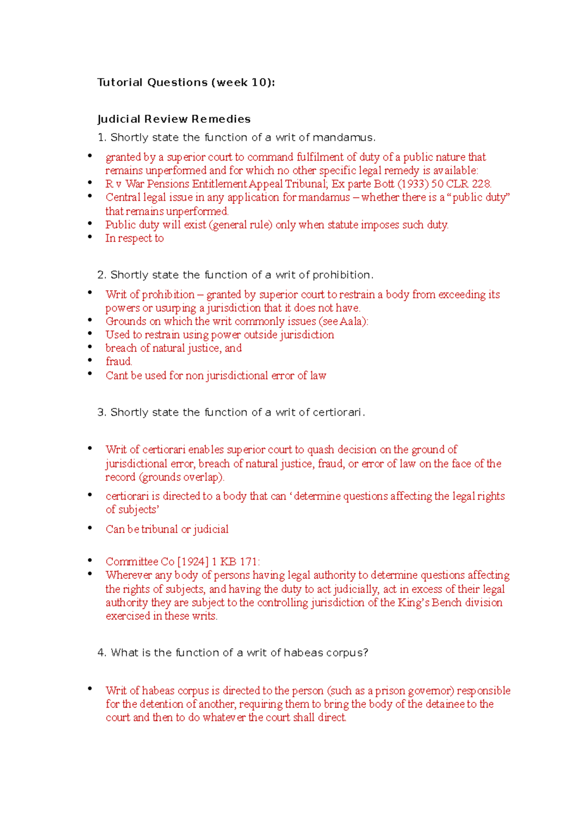 Admin Law week 10 tutorial questions - Tutorial Questions (week 10 ...