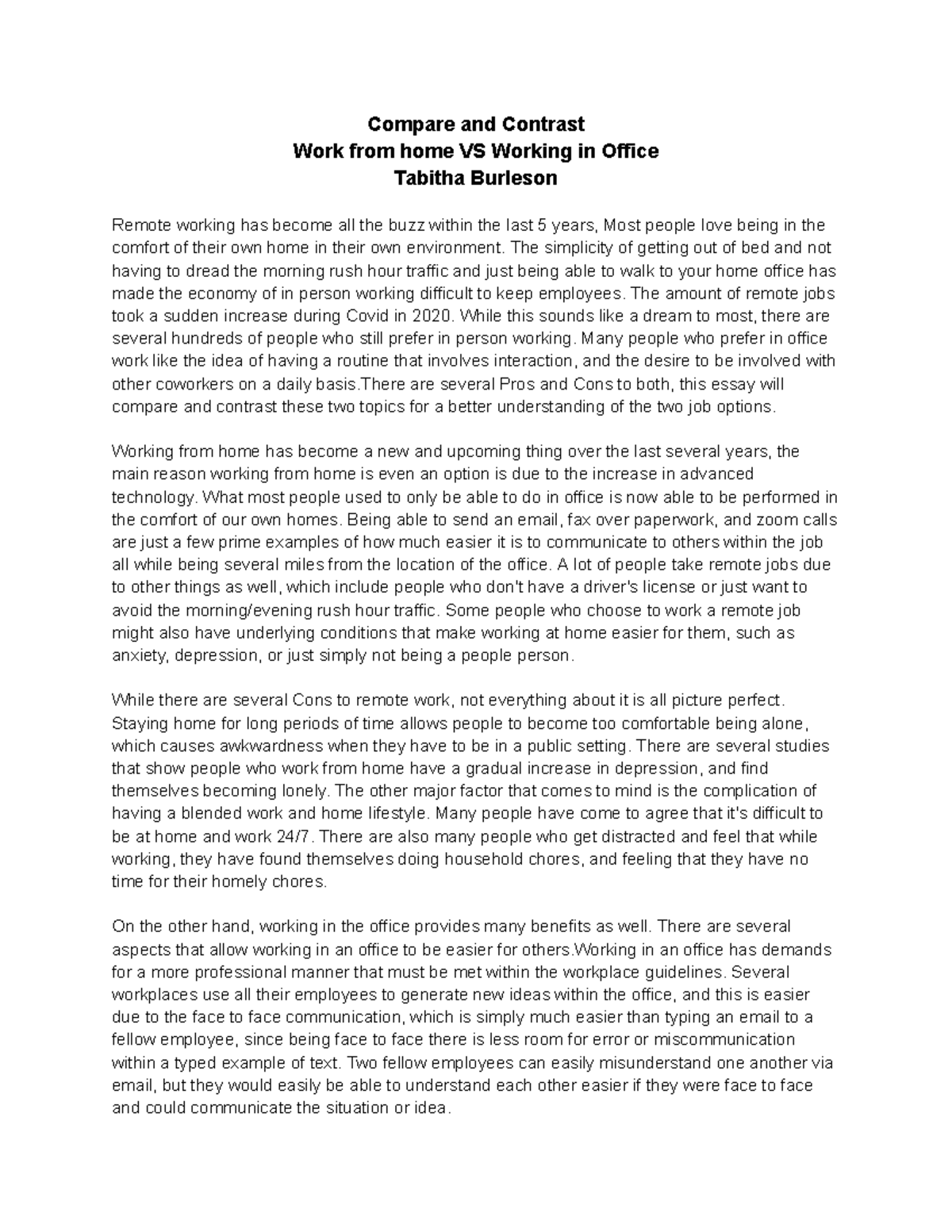 Task 2 Composition - task 2 - Compare and Contrast Work from home VS ...