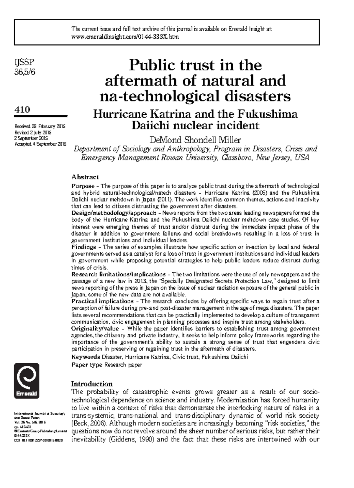 Public trust in the aftermath of natural distaster - Public trust in ...