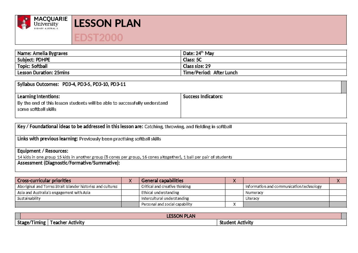 Lesson PLAN - softball - iuhefiueq - LESSON PLAN EDST Name: Amelia ...