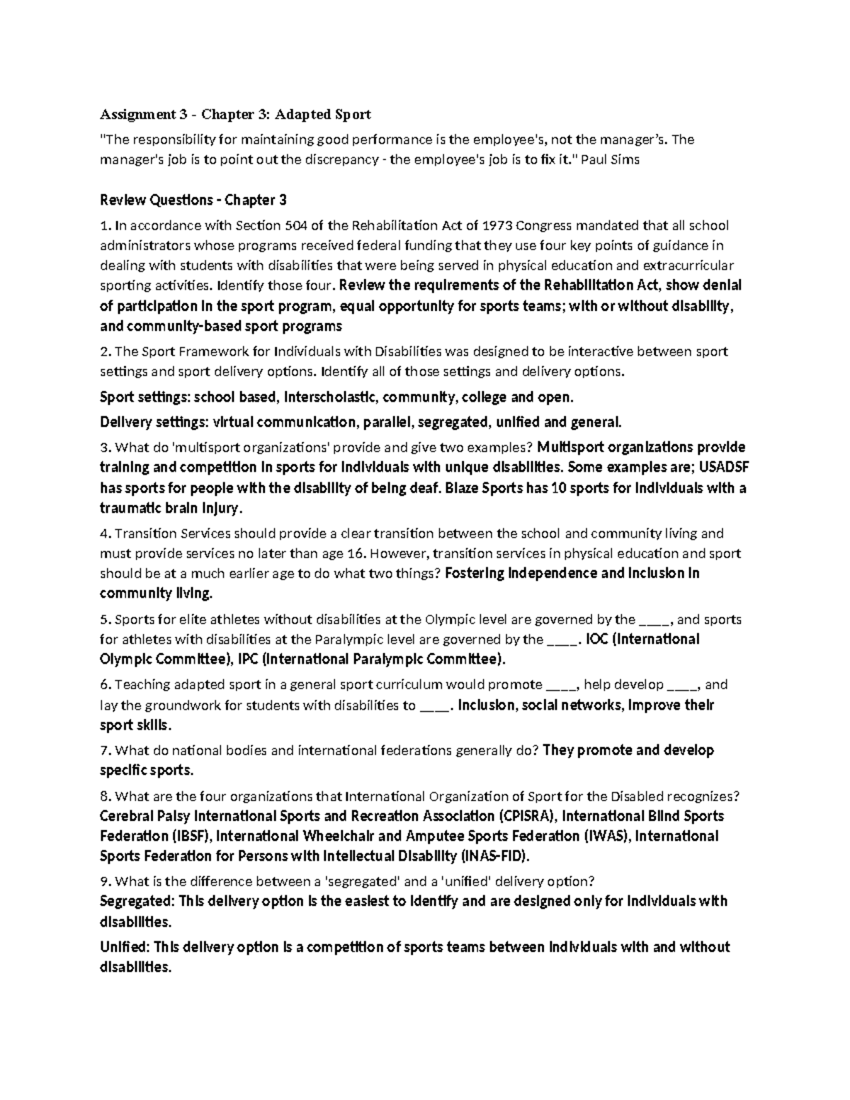 Assign 3- ch 3- special pops - Assignment 3 - Chapter 3: Adapted Sport "The responsibility for ...