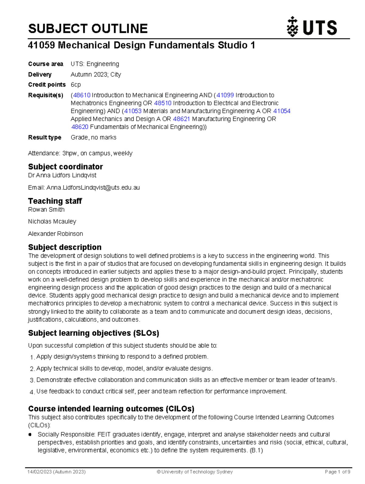 Mechanical Design Fundamentals Studio 1 - Subject Outline - SUBJECT ...