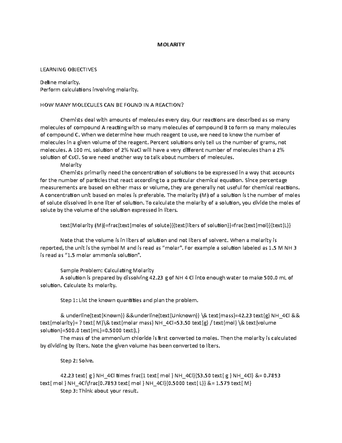 Molarity-8 - MedTech activity school, lecture notes dr. Marcelo ...