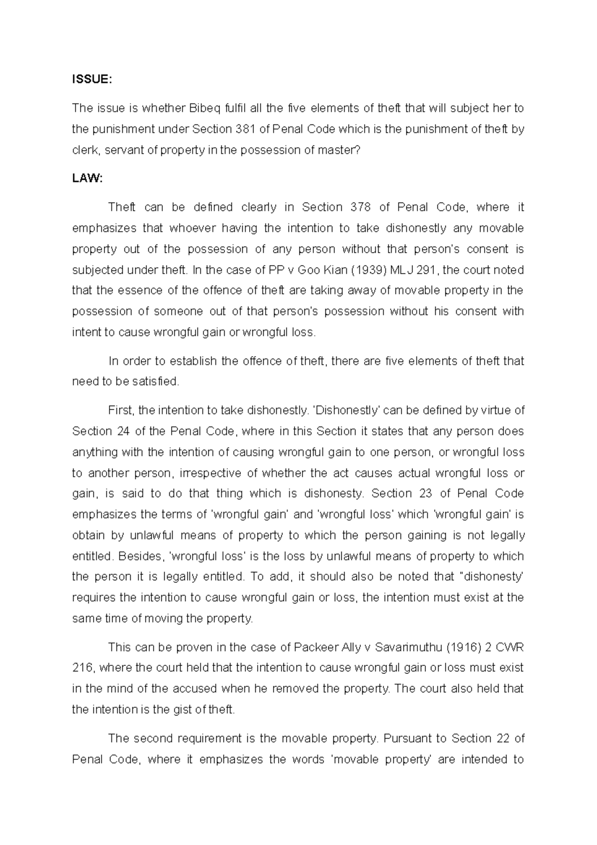 Section 381 of Penal Code ( Punishment of Theft) - ISSUE: The issue is ...