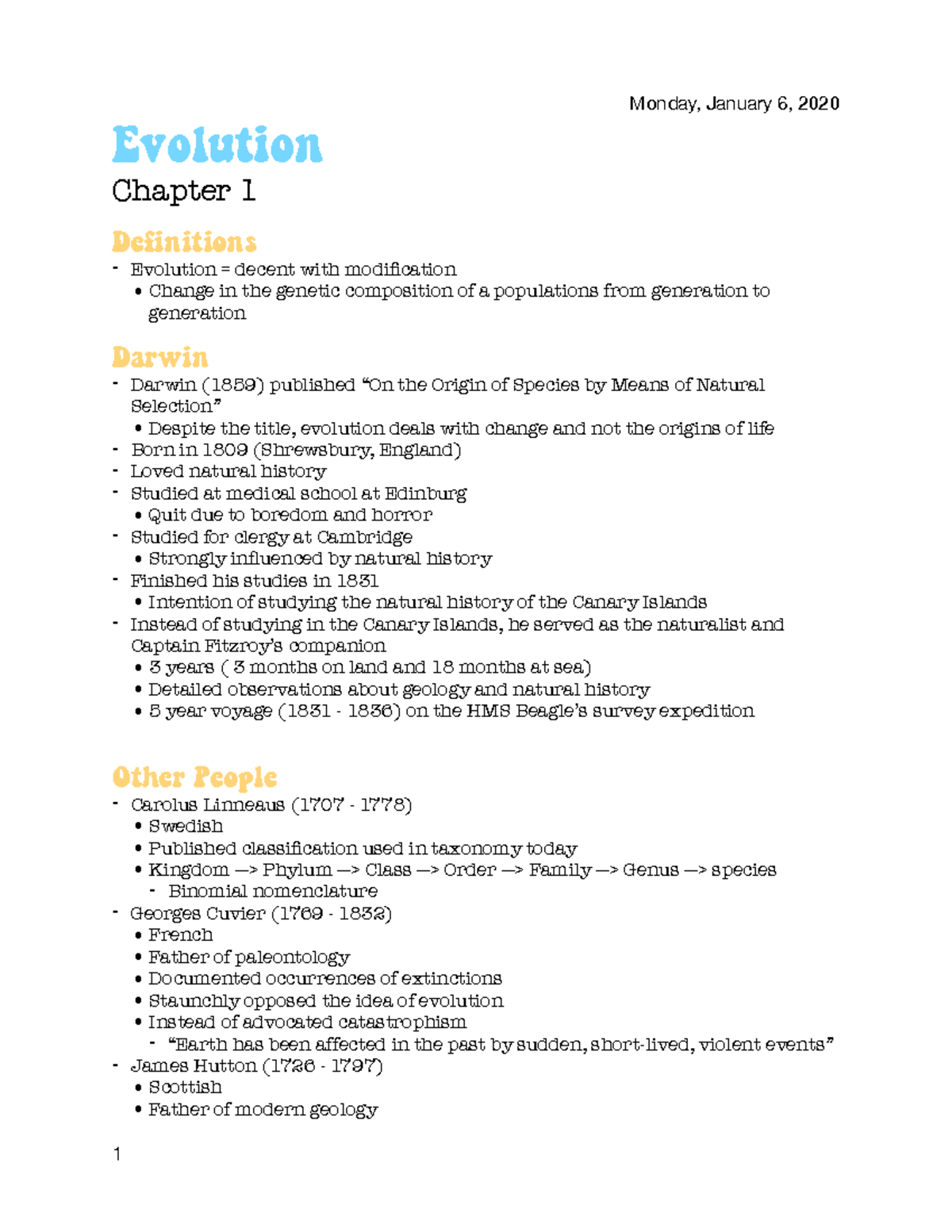 Biology Chapter 1 Notes - Evolution Chapter 1 Definitions Evolution ...