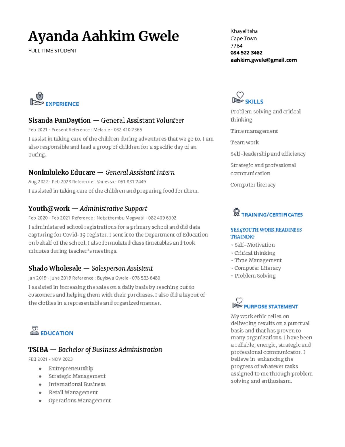 Ayanda+Gwele's+Resume - Ayanda Aahkim Gwele FULL TIME STUDENT ...