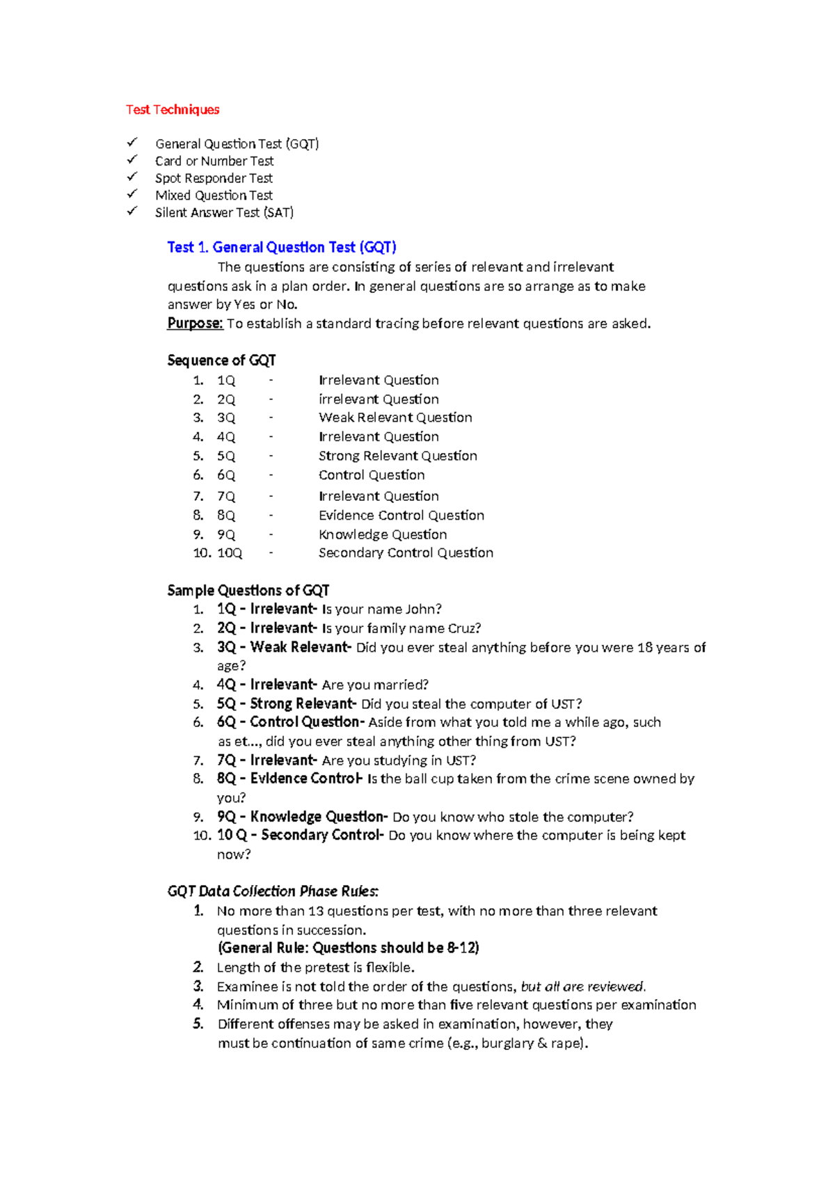 Test-Techniques - Test Techniques General Question Test (GQT) Card or ...