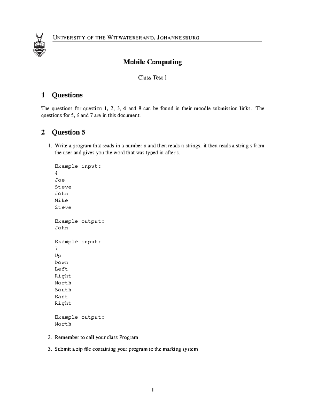 Mobile Computing Test 1 2018 - UNIVERSITY OF THEWITWATERSRAND ...
