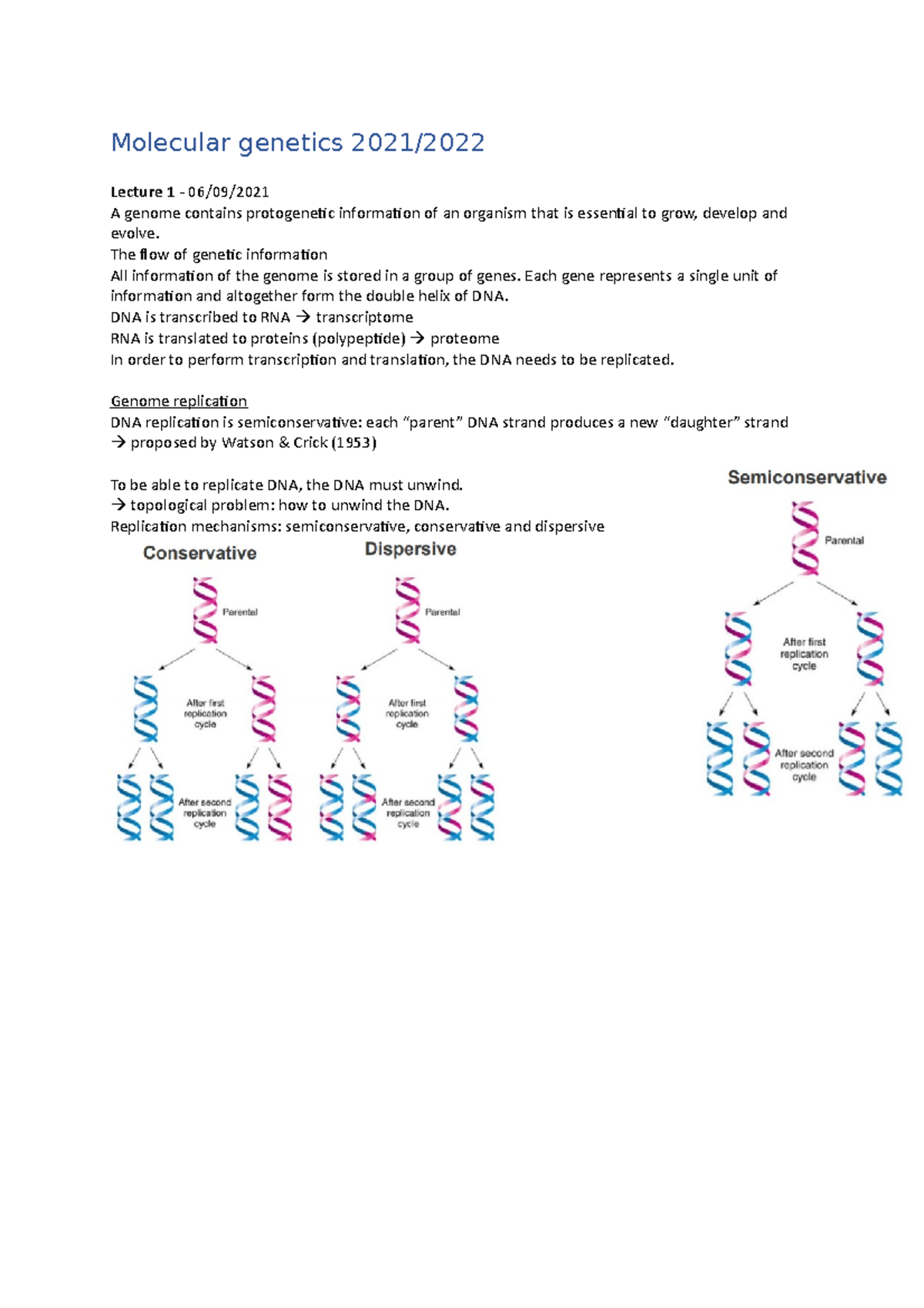 Summary of all lectures Molecular genetics 2021 - Molecular genetics ...