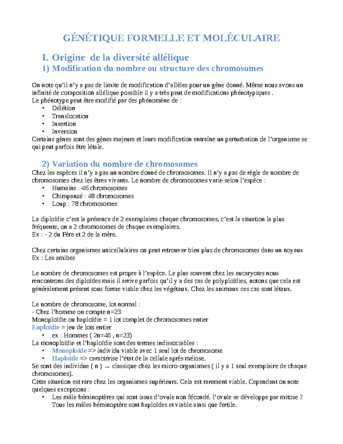 CM1 Génétique FM2 - GÉNÉTIQUE FORMELLE ET MOLÉCULAIRE I. Origine de la ...