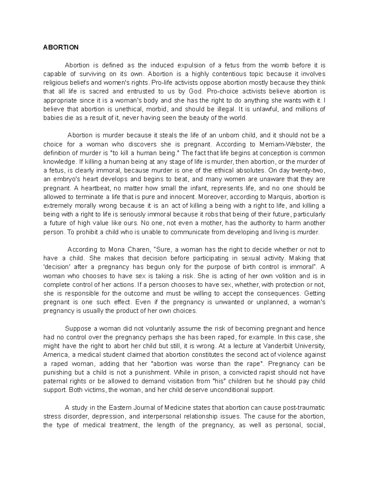 Abortion - Position Paper - ABORTION Abortion is defined as the induced ...