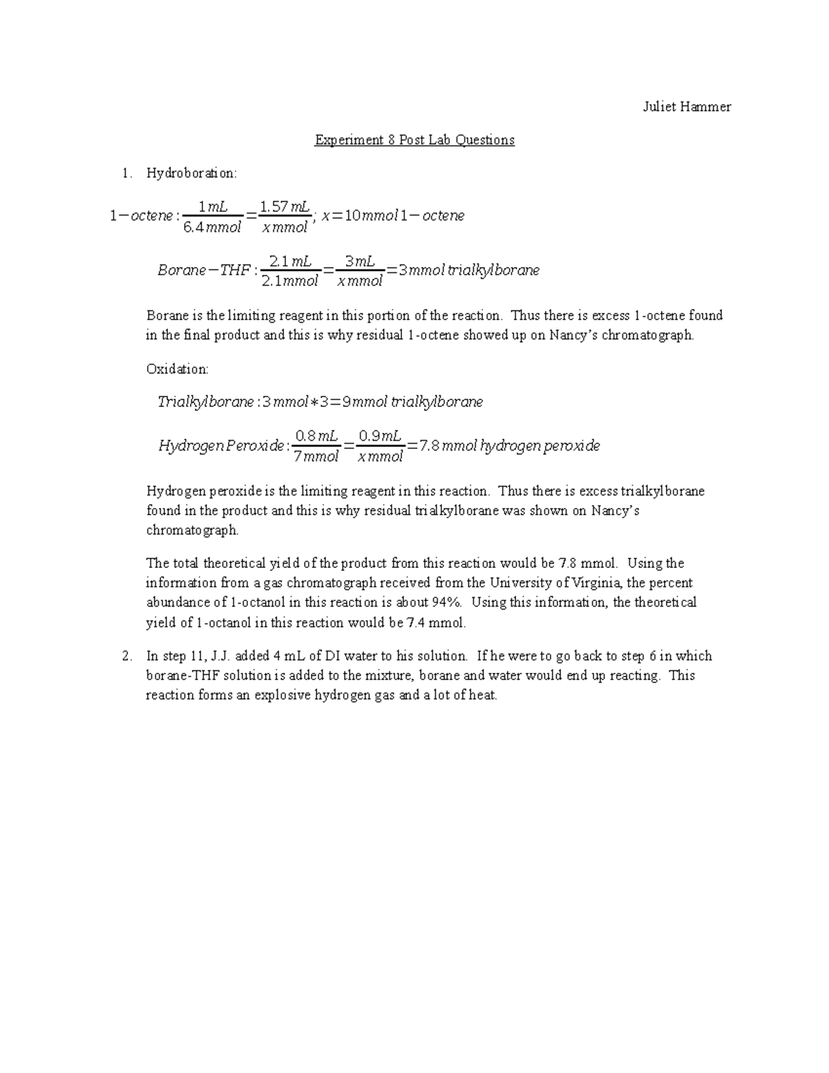 Experiment 8 Post Lab - expt 8 post lab - Juliet Hammer Experiment 8 Post Lab Questions 1. - Studocu