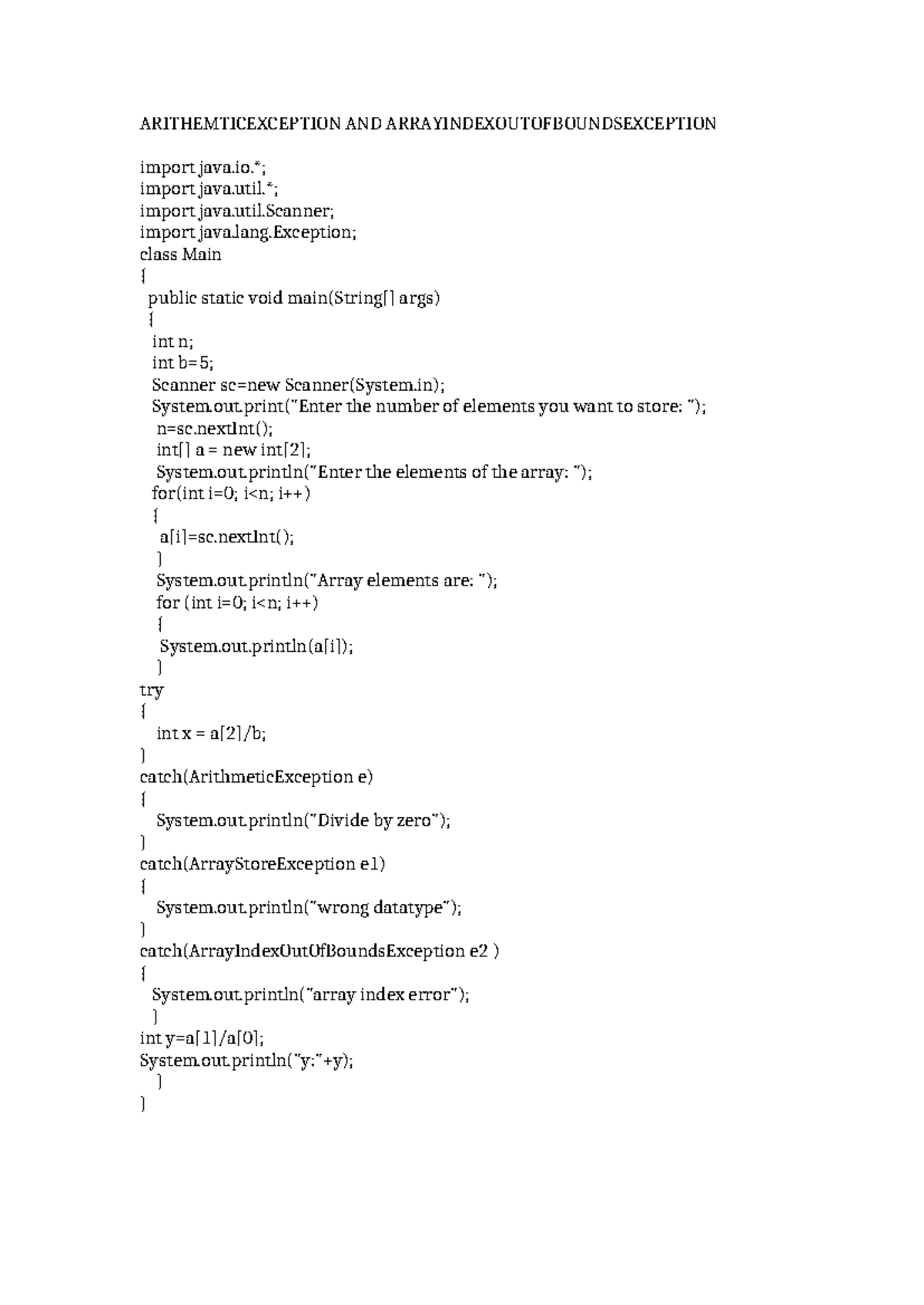 Arithemticexception AND Arrayindexoutofboundsexception - ARITHEMTICEXCEPTION AND - Studocu
