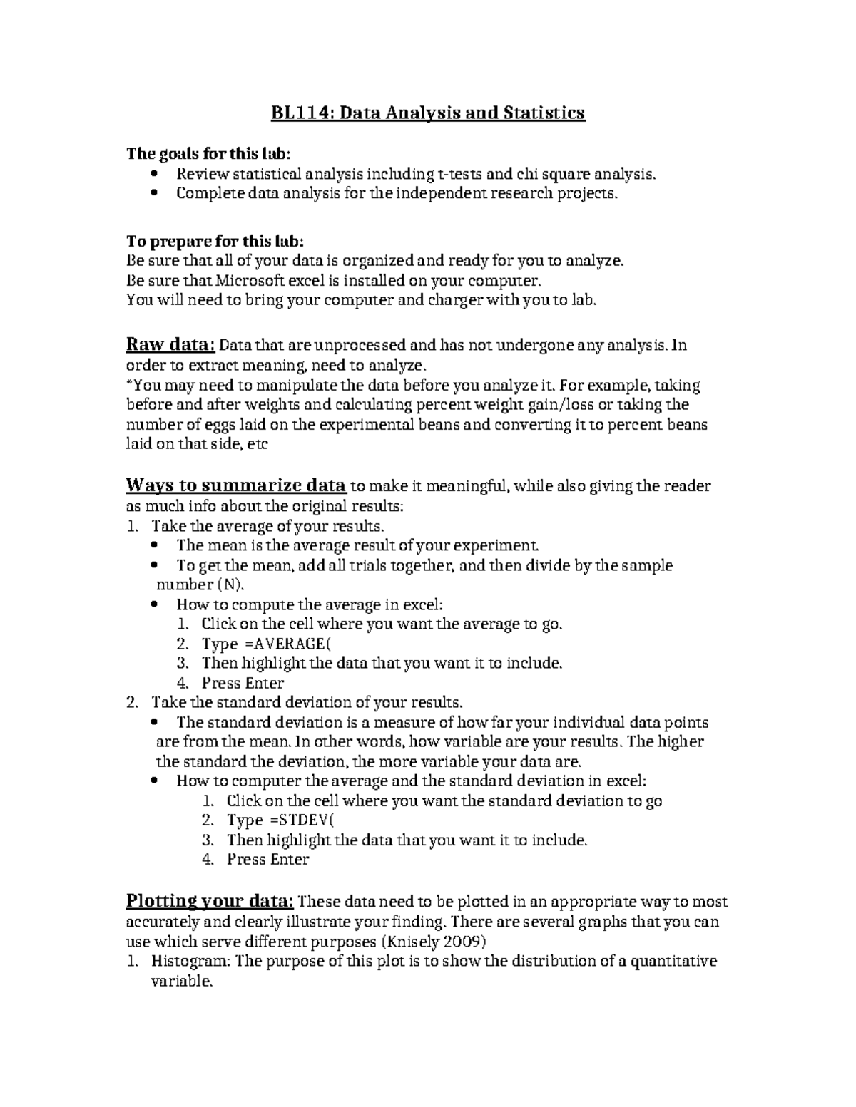 2.Bl114 Data analysis and stats handout sp20 - BL114: Data Analysis and ...