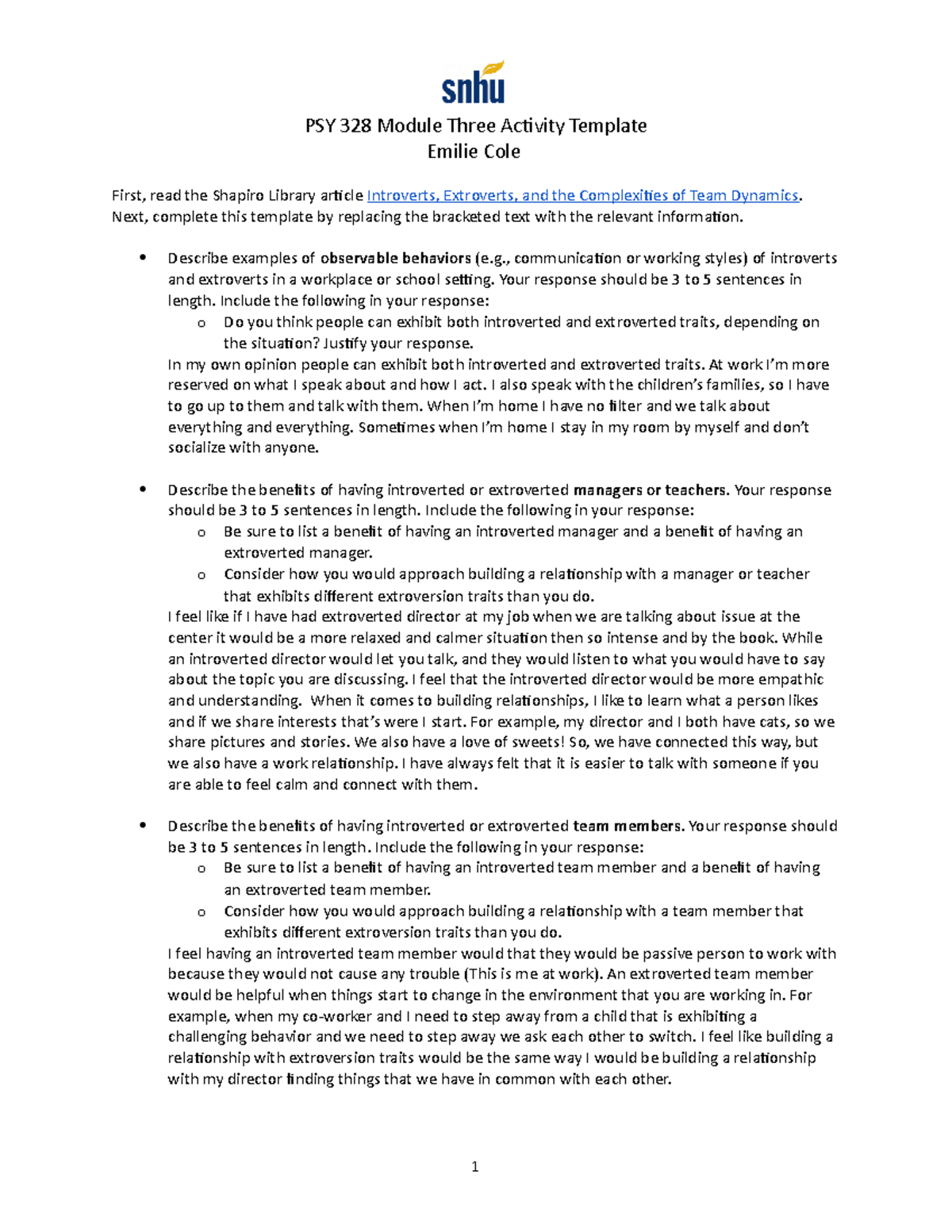 PSY 328 Module Three Activity - Next, complete this template by replacing the bracketed text ...