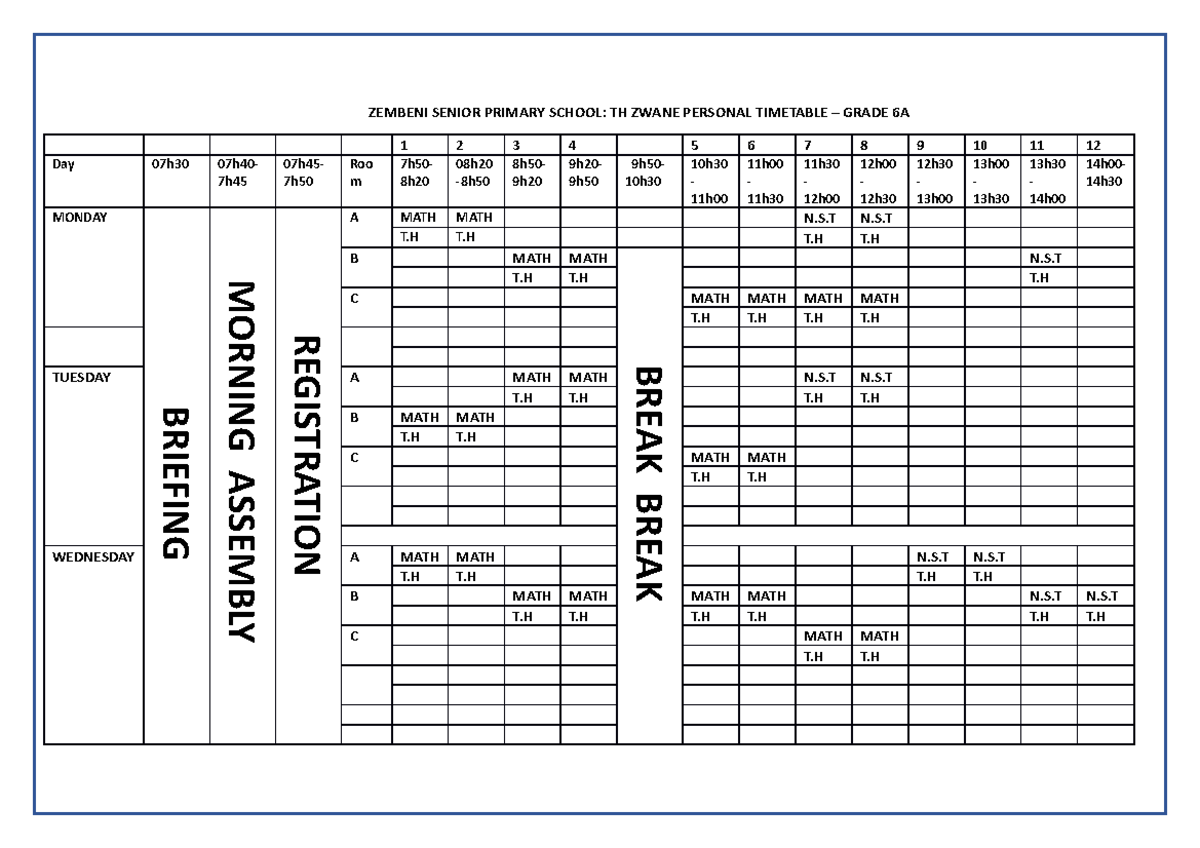 Personal TIME Table Grade 6 - ZEMBENI SENIOR PRIMARY SCHOOL: TH ZWANE ...