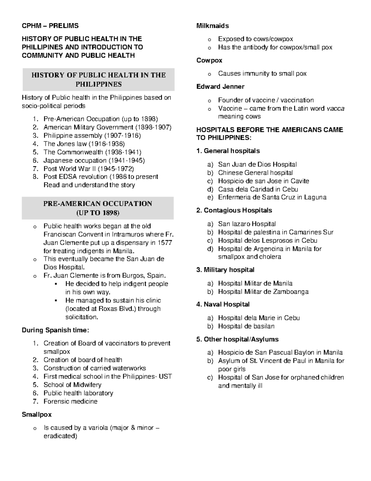 CPH M Prelims - CPHM – PRELIMS HISTORY OF PUBLIC HEALTH IN THE PHILLIPINES AND INTRODUCTION TO ...