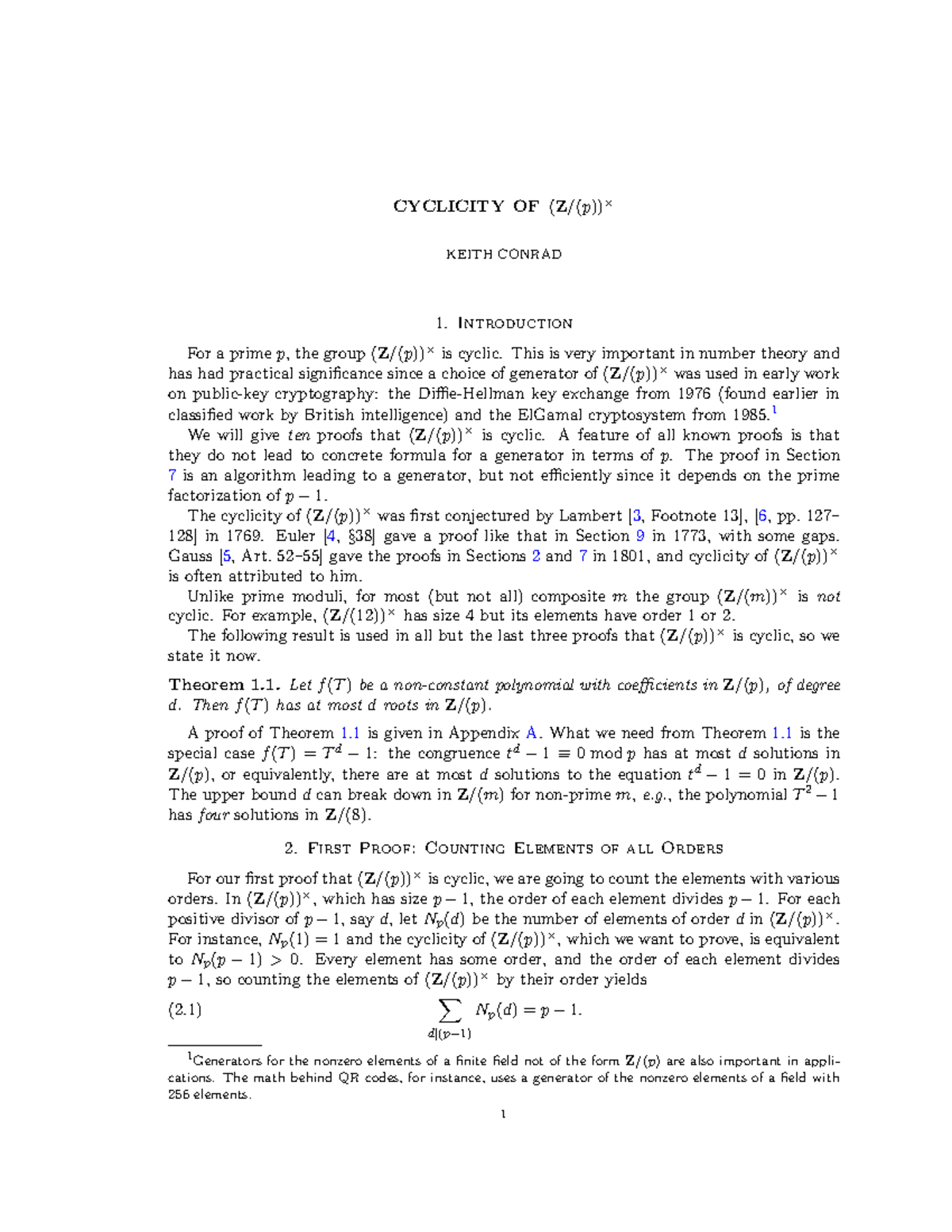 Cyclicmodp - NOTES FOR COURSE - CYCLICITY OF (Z/(p))× KEITH CONRAD ...