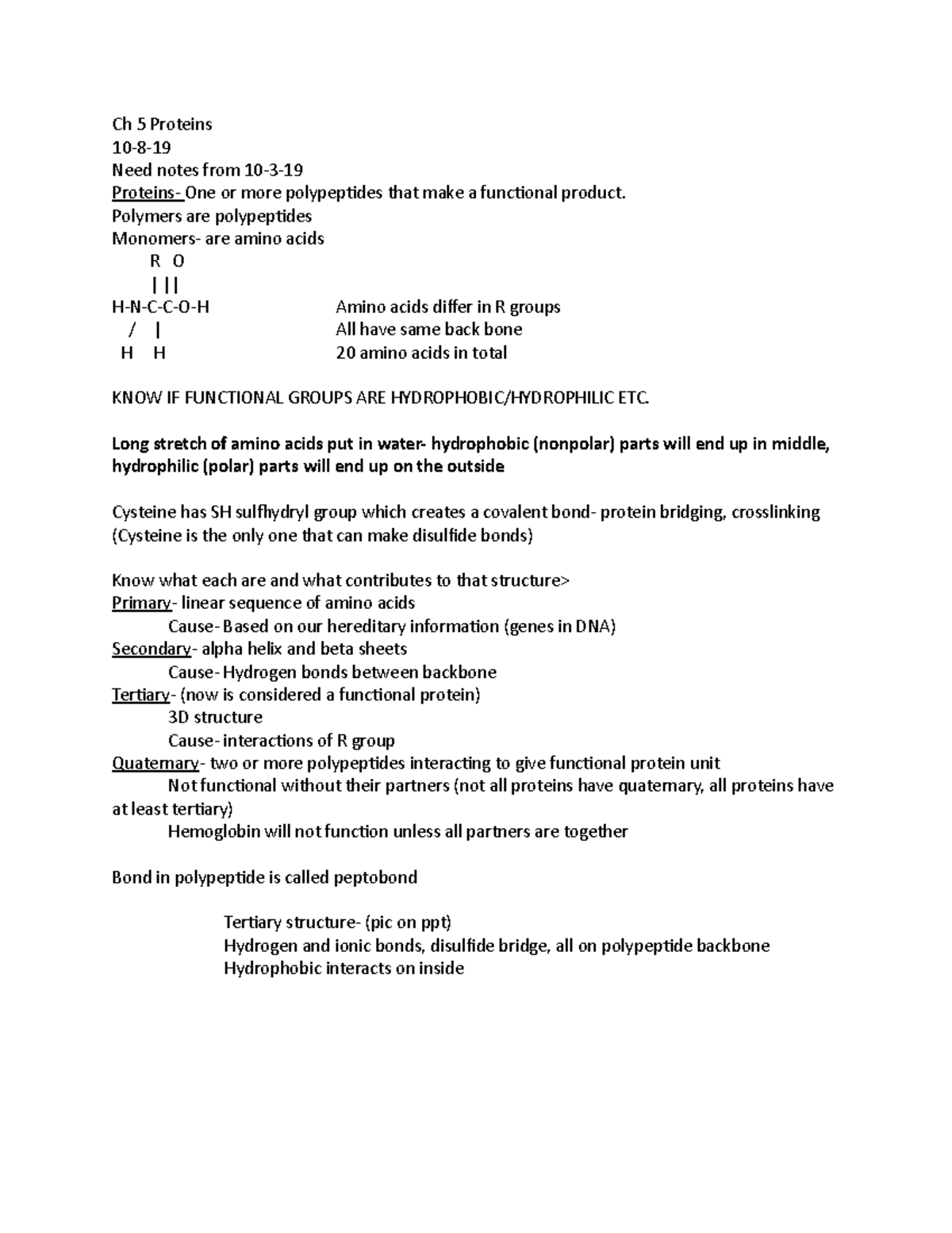 Ch 5 Proteins - Lecture notes Ch 5 - Ch 5 Proteins 10-8- Need notes ...