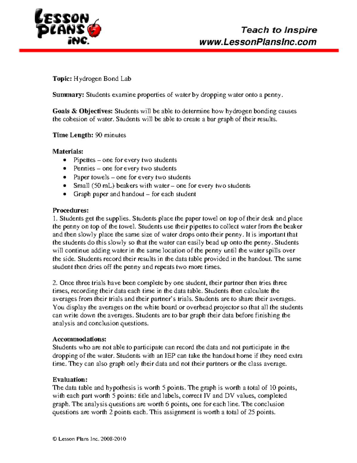Water cohesion lab - LessonPlansInc Topic: Hydrogen Bond Lab Summary ...