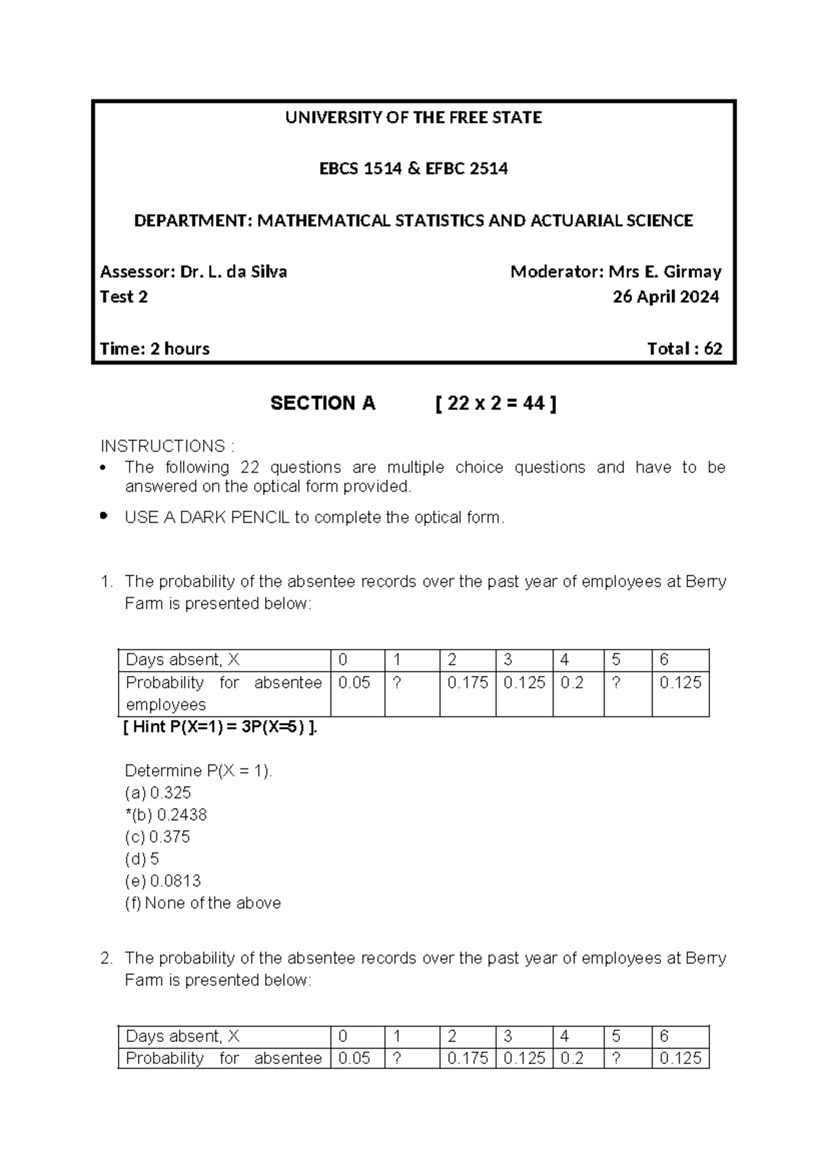 Ebcs1514 toets 22 2024 memo(1) - UNIVERSITY OF THE FREE STATE EBCS 1514 ...