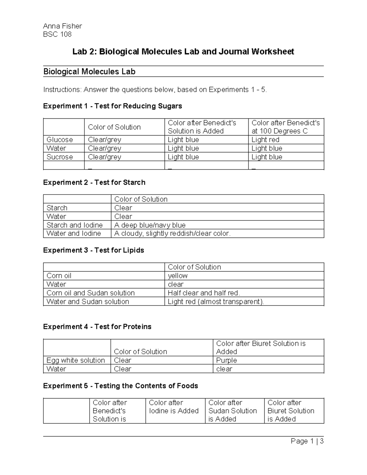 Lab-2-Biological-Molecules-Lab Worksheet - Anna Fisher BSC 108 Lab 2 ...