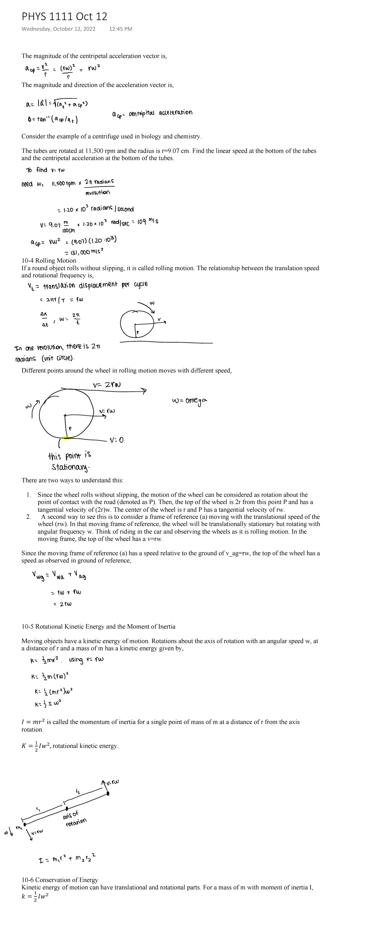 PHYS 1111 Oct 12 - KK Mon - The magnitude of the centripetal ...