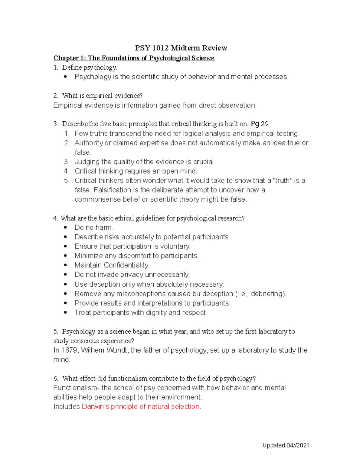 Midterm Review Answers- Coon 2022 new - PSY 1012 Midterm Review Chapter 1: The Foundations of ...