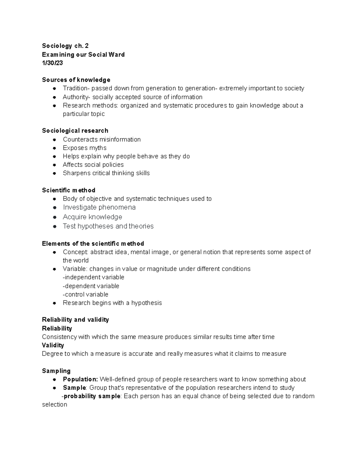 Soc notes ch. 2 - Sociology ch. 2 Examining our Social Ward 1/30 ...