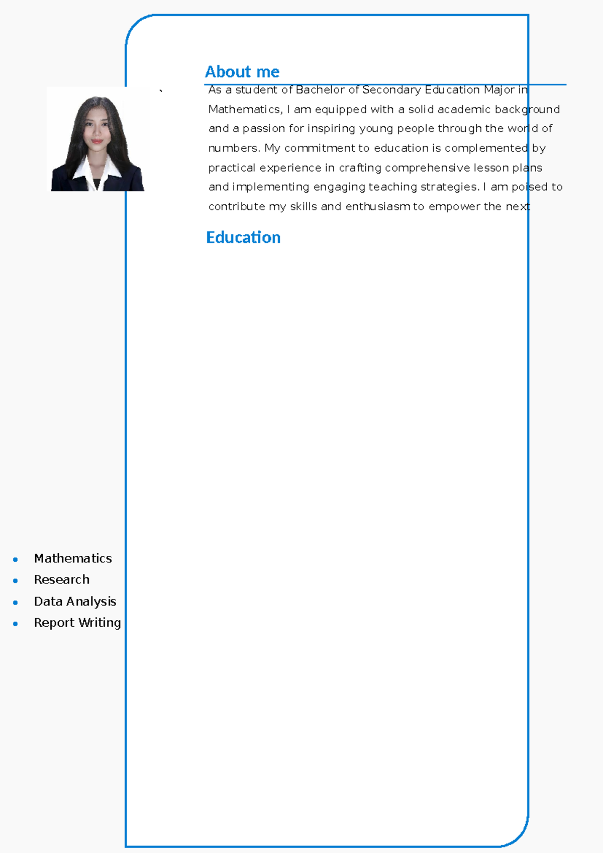 Jona Mae Etom - Summary - 、 About me Education As a student of Bachelor ...