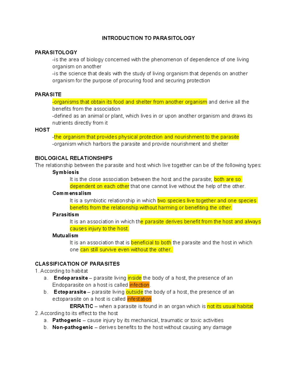 Parasitology personal review notes - INTRODUCTION TO PARASITOLOGY ...