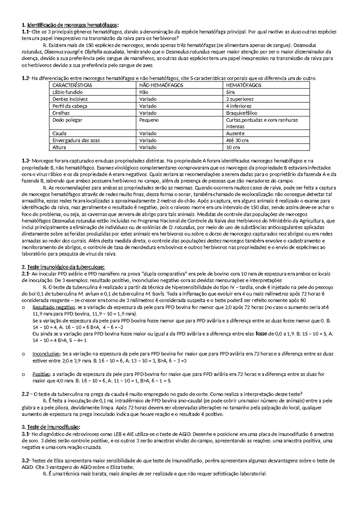 Prova prática - Identificação de morcegos hematófagos: 1- Cite os 3 ...