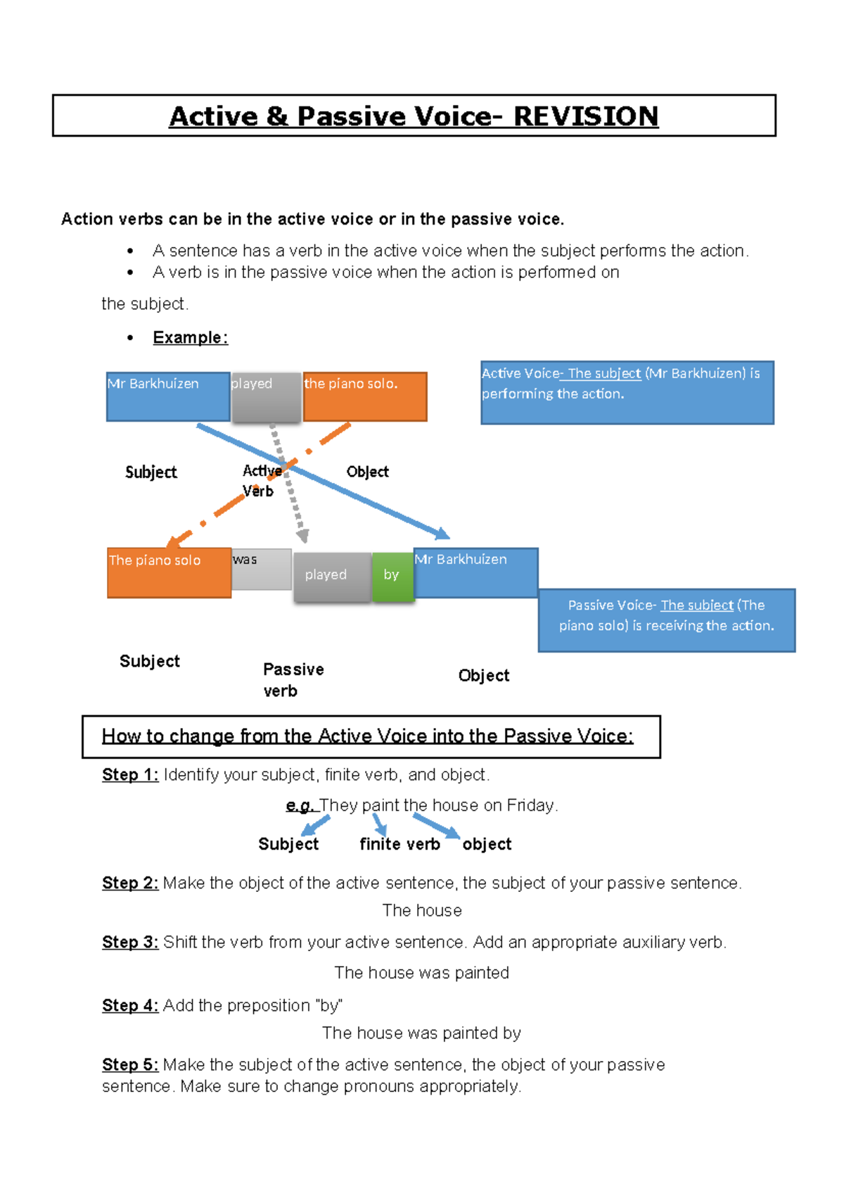 Active and Passive Voice Note & Activity - Subject Active Verb Object ...