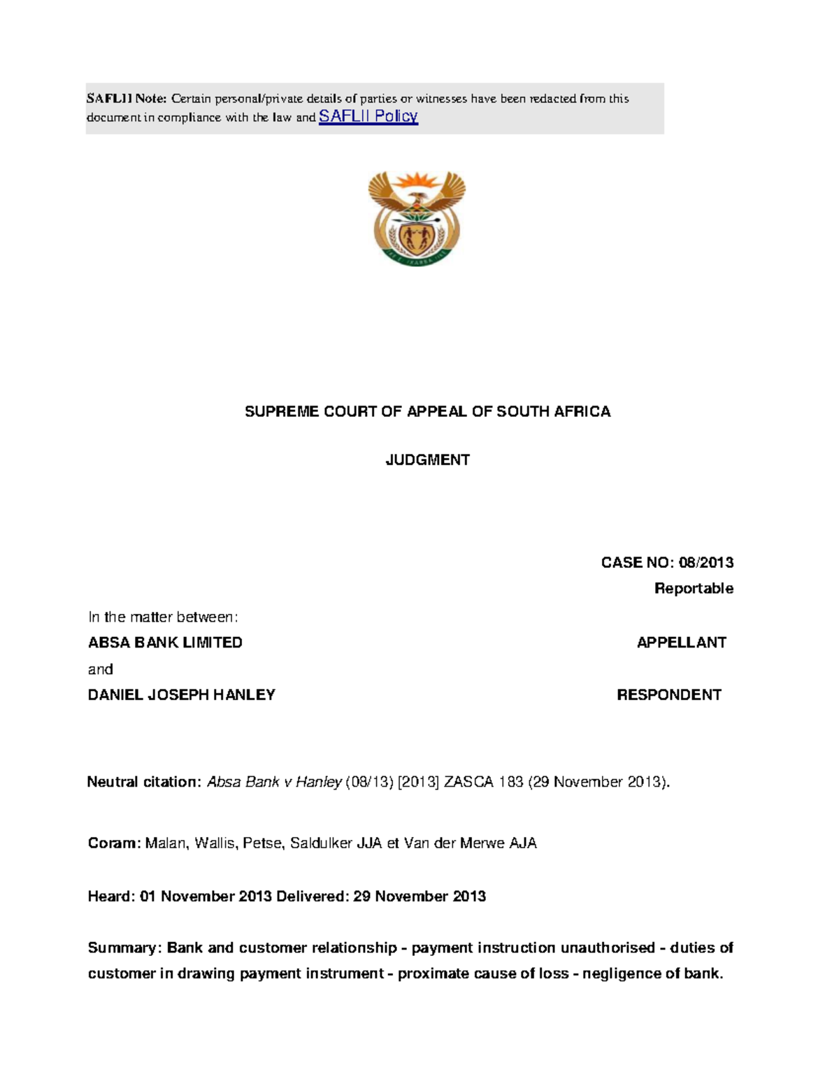 ABSA Bank Limited v Hanley - SAFLII Note: Certain personal/private ...