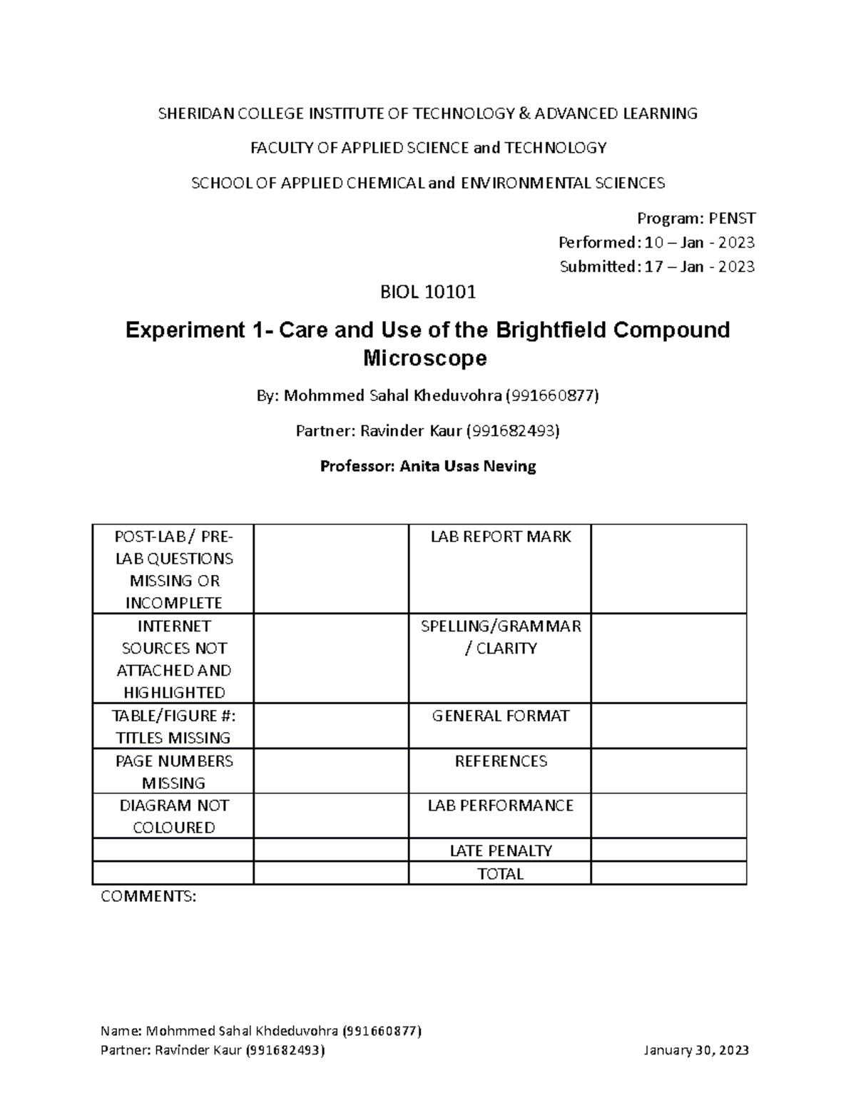 Microbiology LAB 1 REPORT - SHERIDAN COLLEGE INSTITUTE OF TECHNOLOGY ...