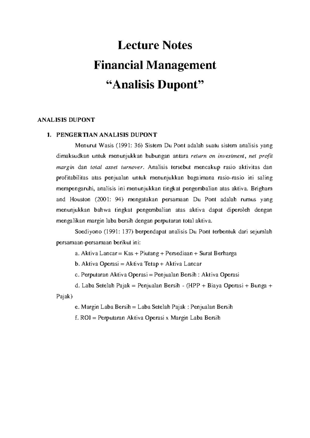 Lecture Notes Financial Management- Pengertian Analisis Dupont ...