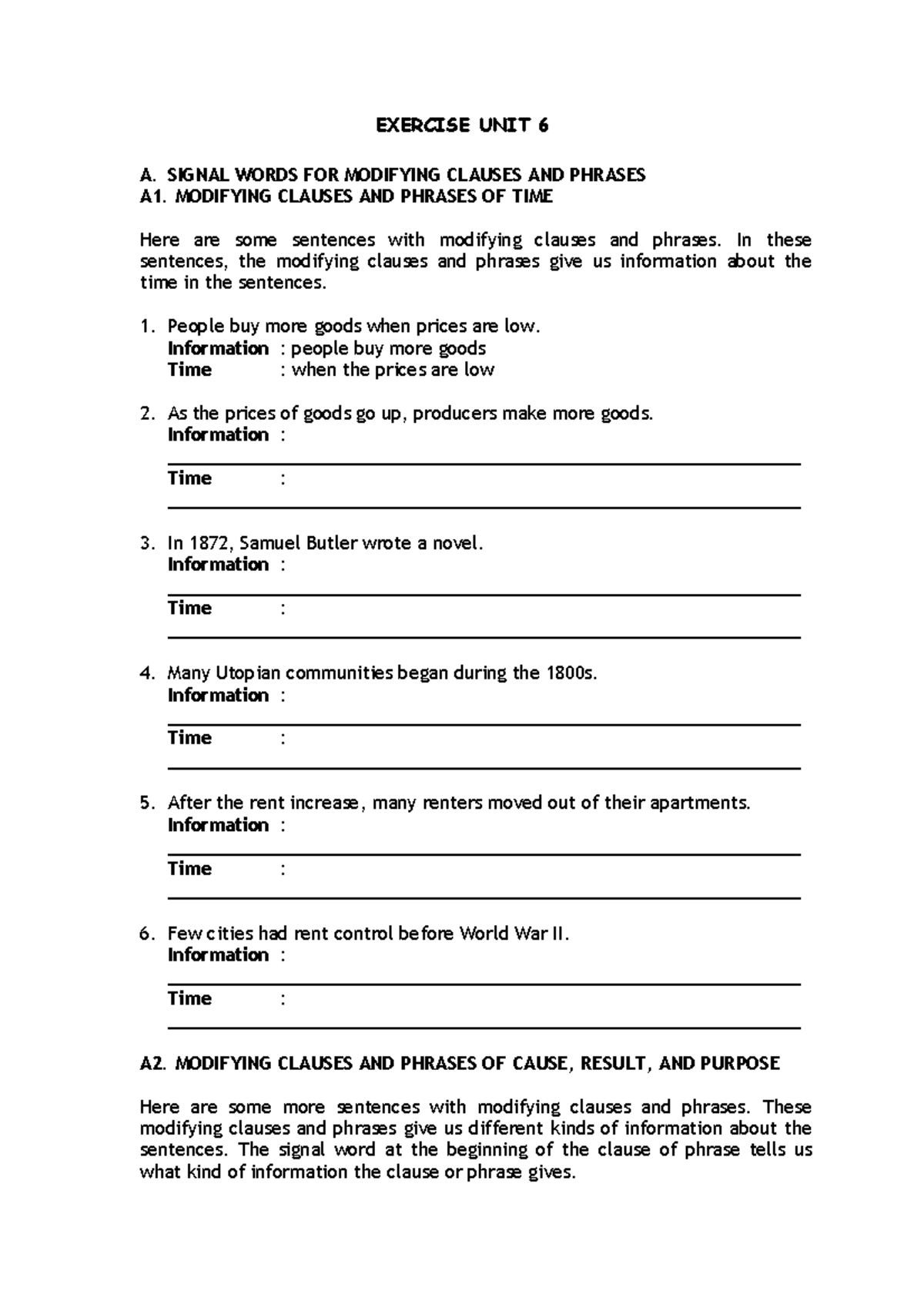 Exercise Unit 6 - useful - EXERCISE UNIT 6 A. SIGNAL WORDS FOR ...