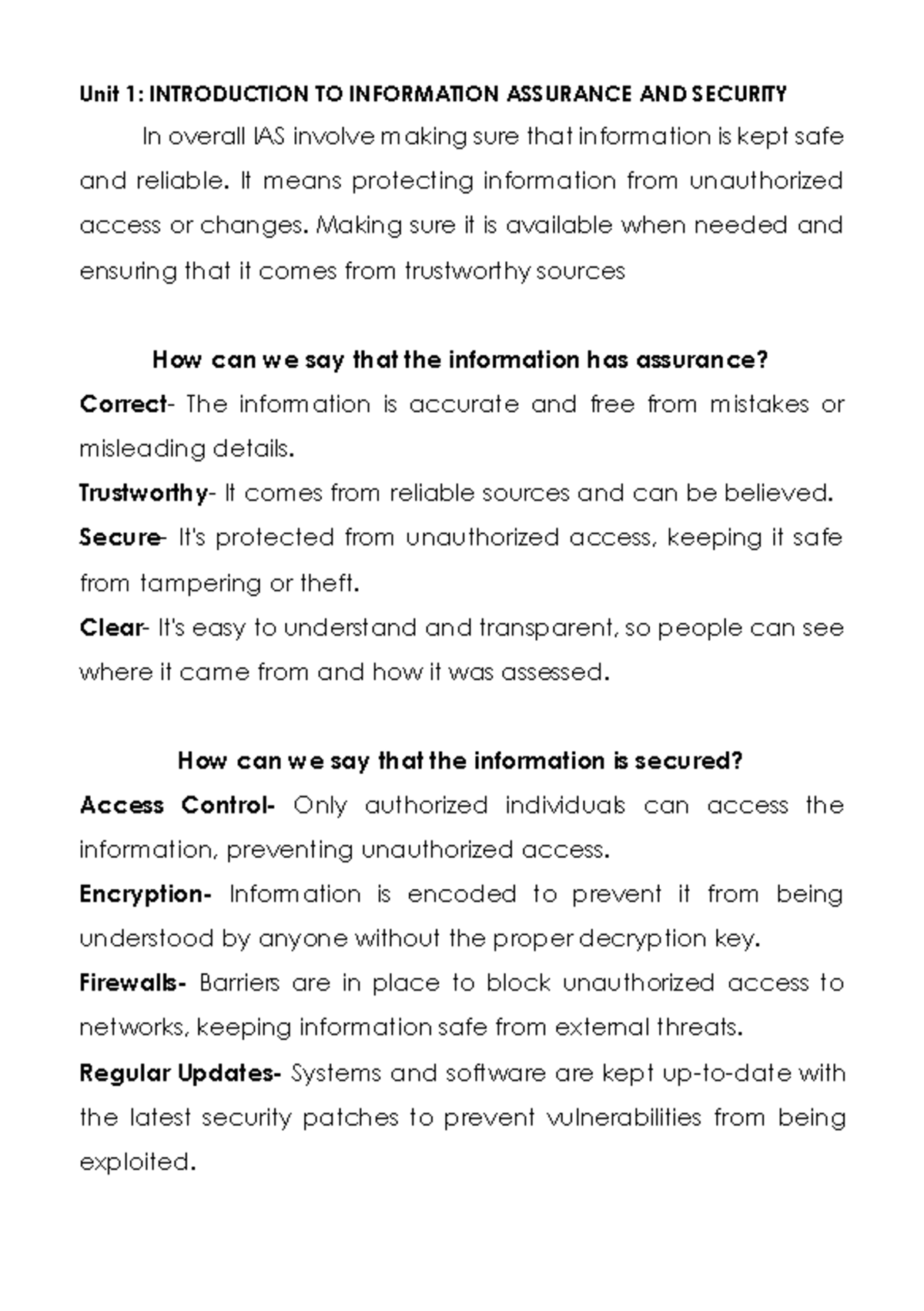 IAS-Unit 1 Reviewer - Unit 1: INTRODUCTION TO INFORMATION ASSURANCE AND ...