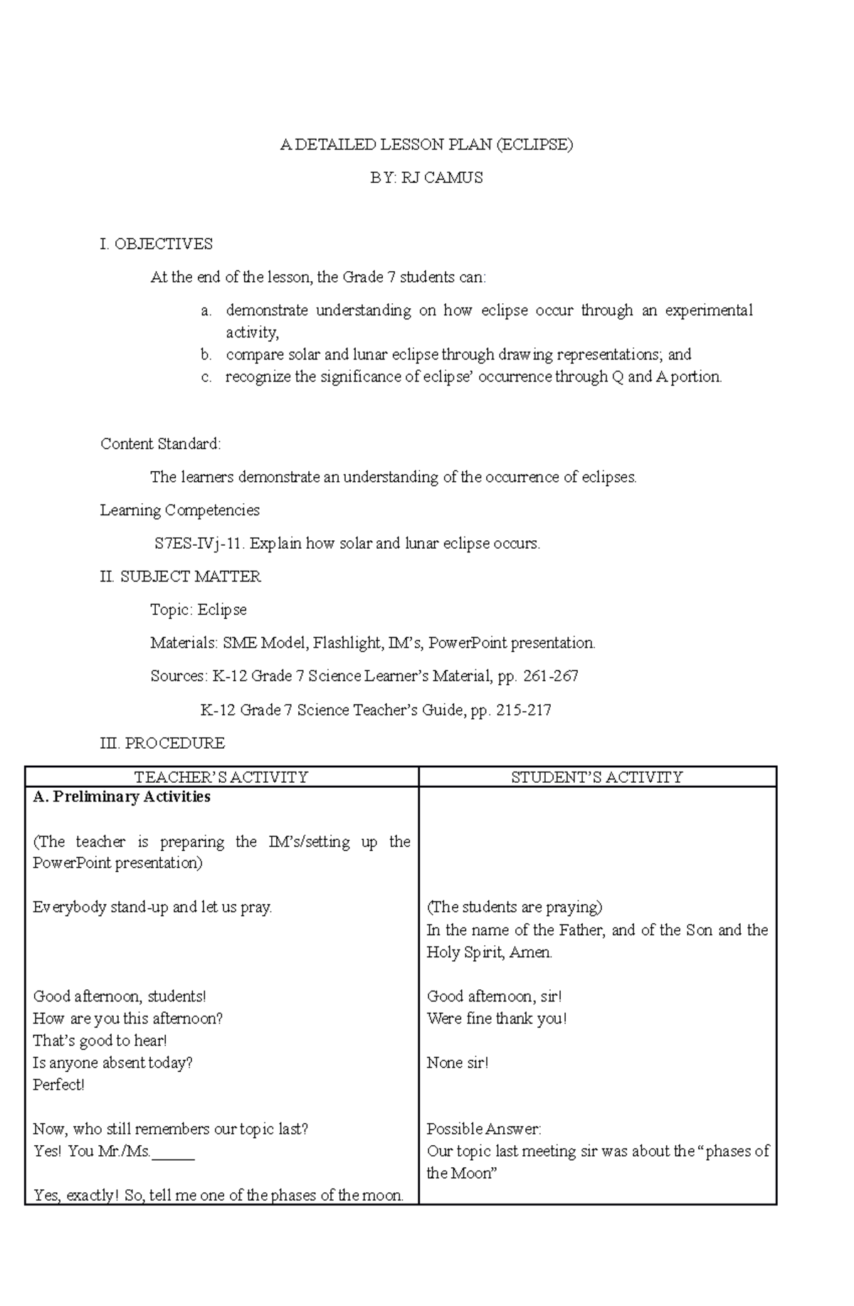 A Detailed Lesson PLAN RJ Camus 1 - A DETAILED LESSON PLAN (ECLIPSE) BY ...